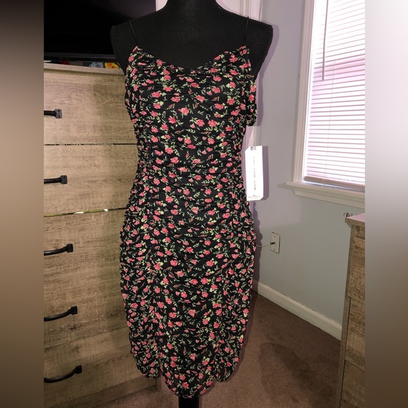 Almost Famous | Dresses | Almost Famous Black Floral Mesh Ruched Mini ...
